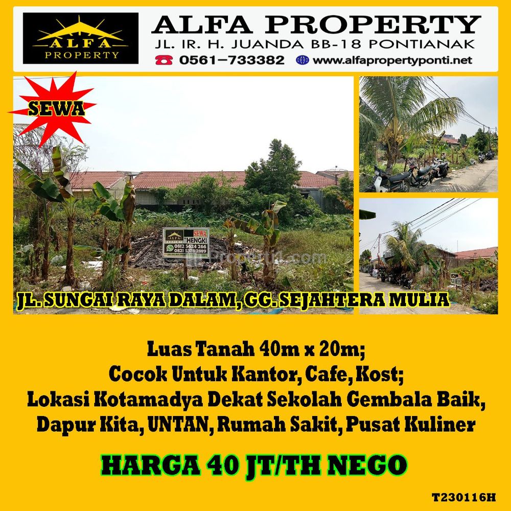 Disewakan Tanah Sungai Raya Dalam Sejahtera Mulia Kota Pontianak ...